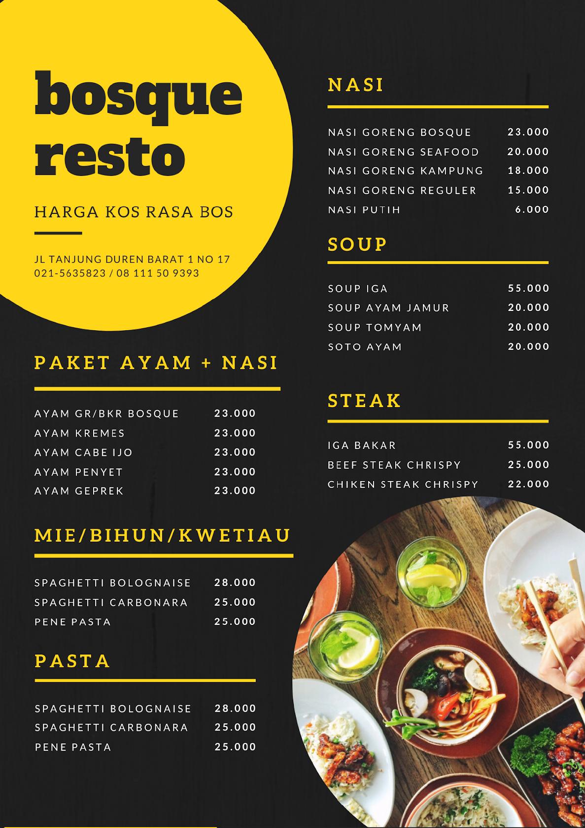 Menu at Bosque Resto restaurant, West Jakarta