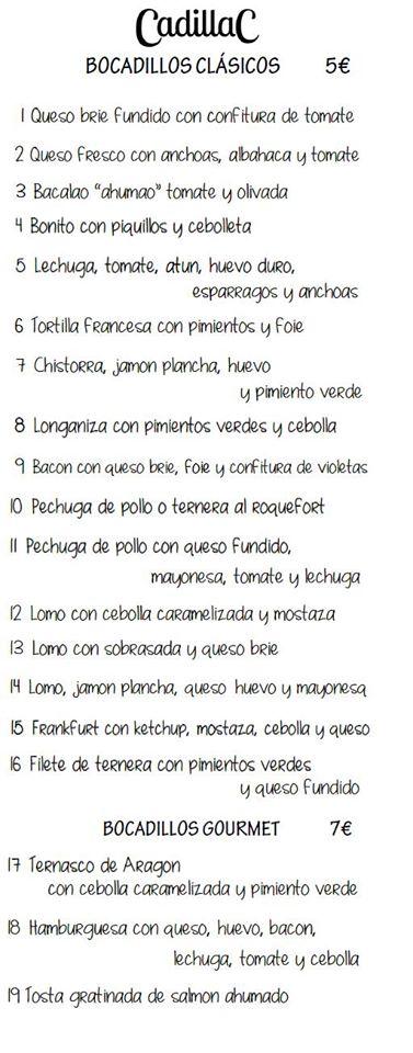 Menu at Cadillac - Restaurante en Zaragoza, Zaragoza
