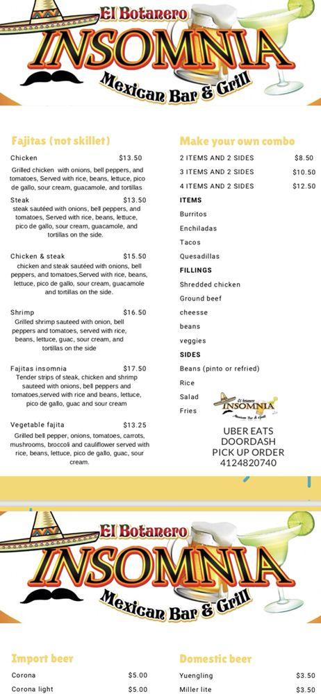 Carta de El Botanero Insomnia Mexican Bar And Grill, Pittsburgh