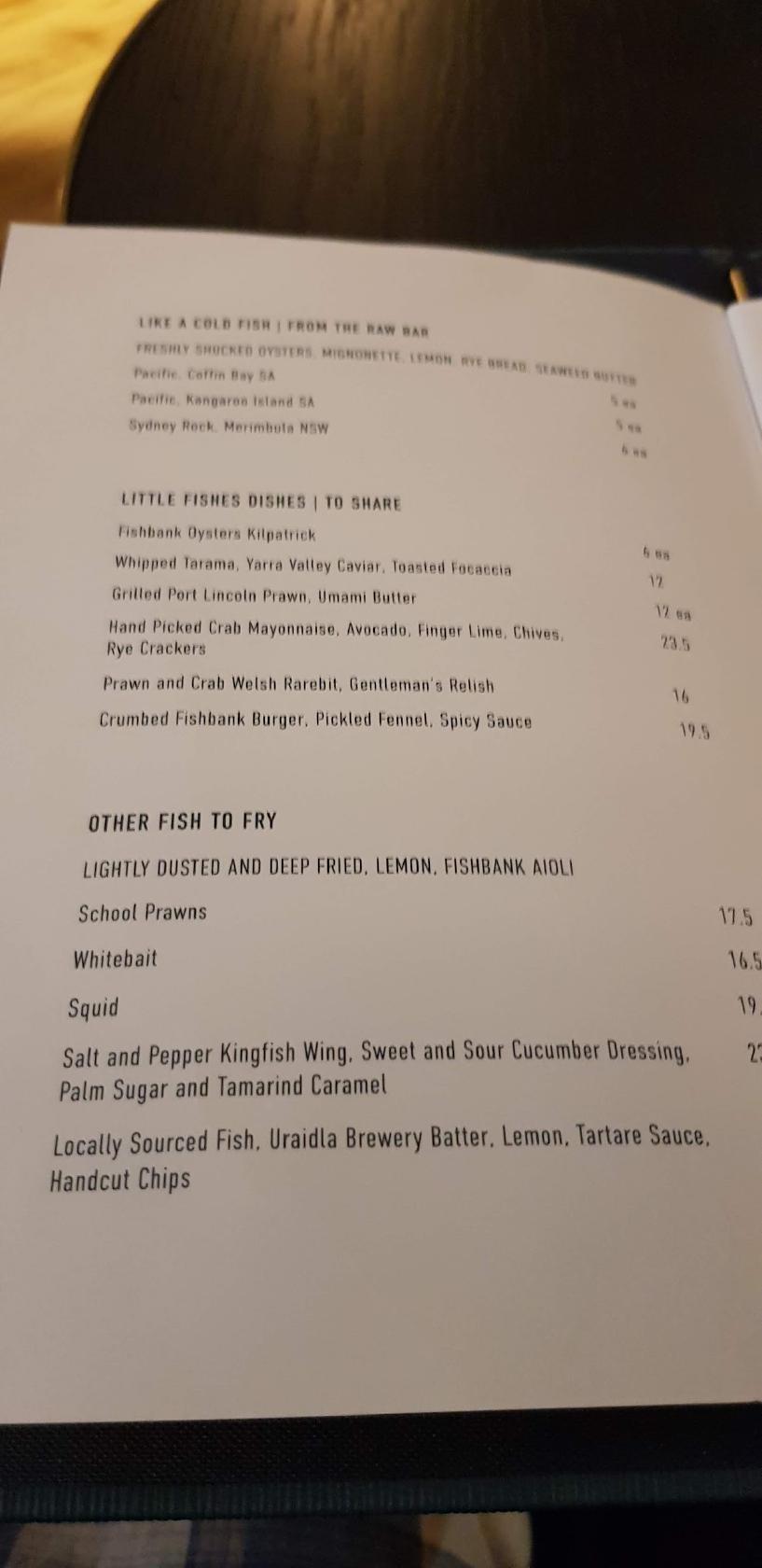 Menu at Fishbank Restaurant, Adelaide
