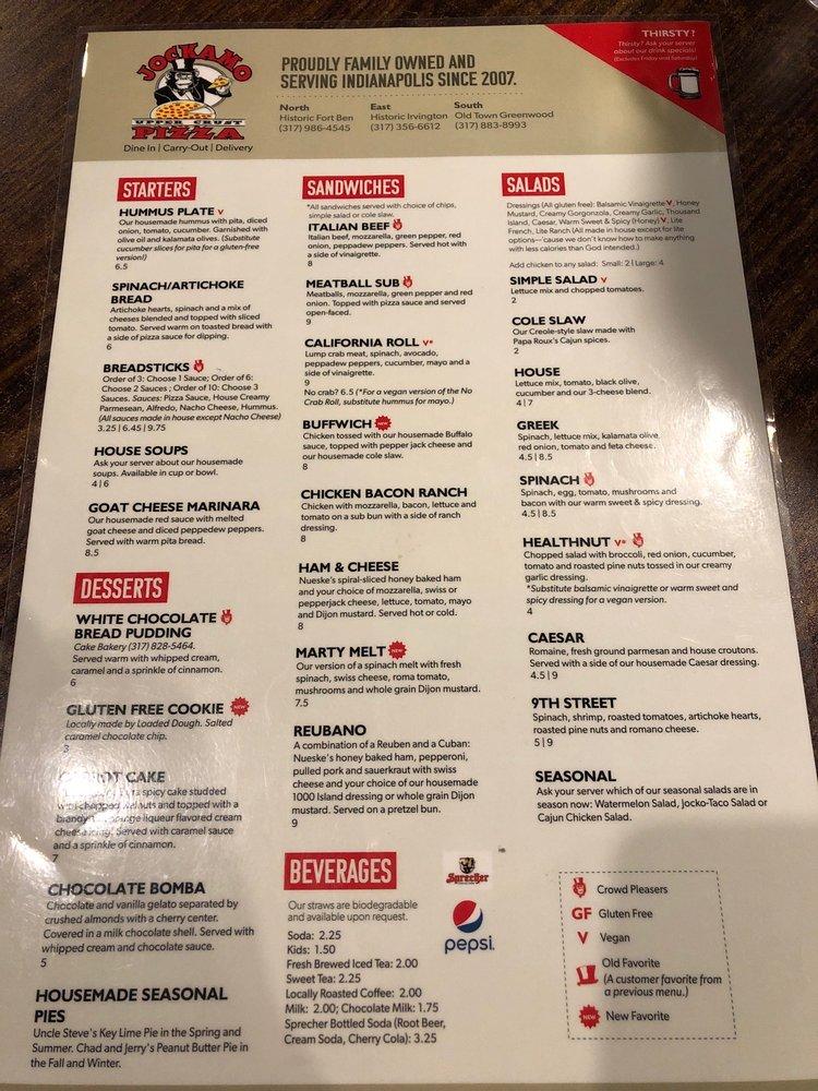 Menu at Jockamo Upper Crust Pizza pub & bar, Greenwood, 401 Market Plaza