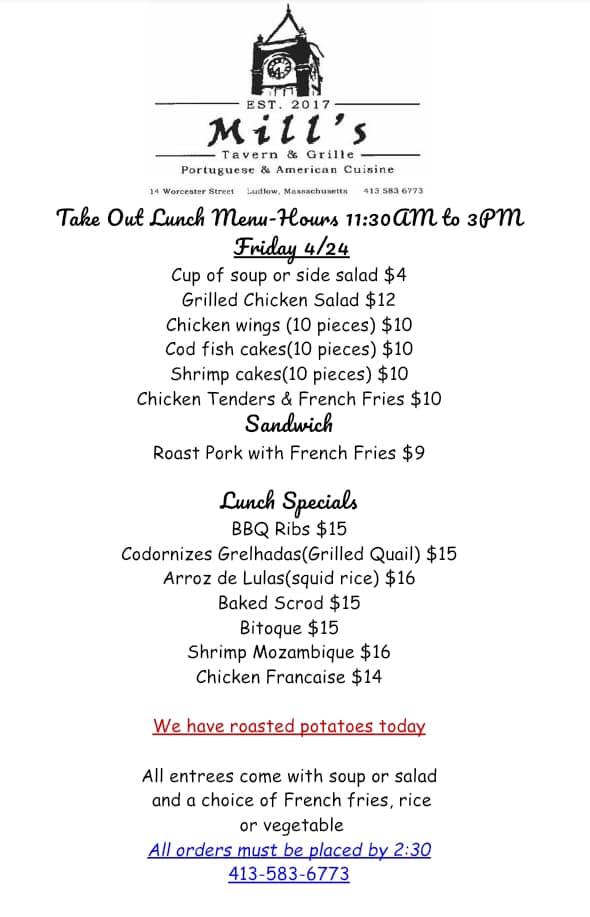 Menu at Mill's Tavern & Grille restaurant, Ludlow