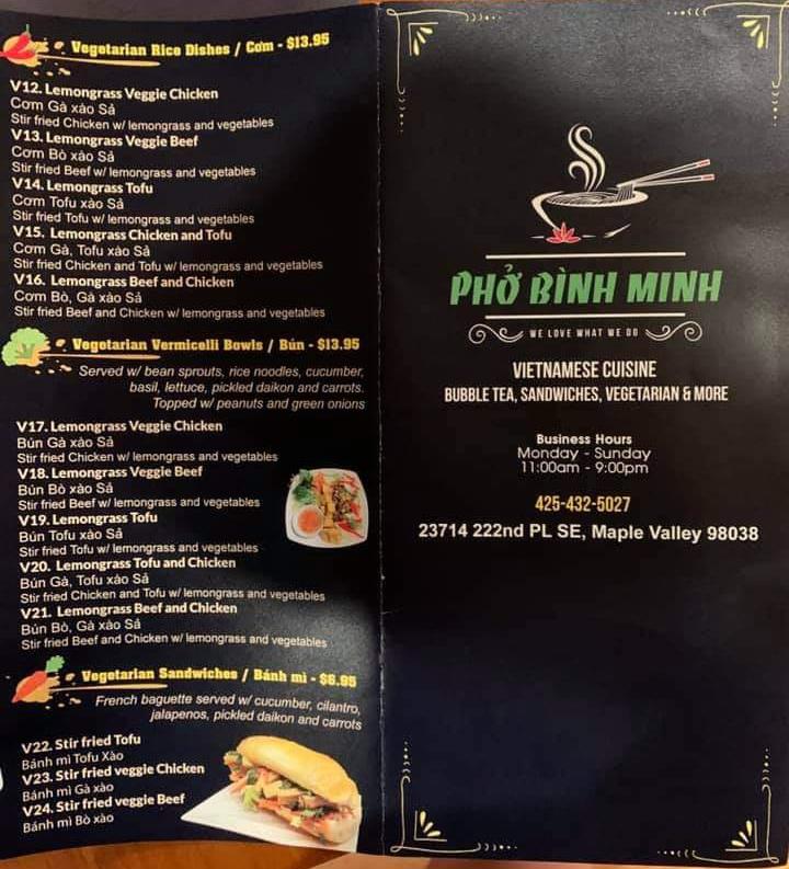 Menu at Pho Binh Minh restaurant, Maple Valley
