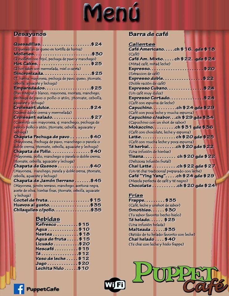 Menu at Puppet cafe, Mexico City