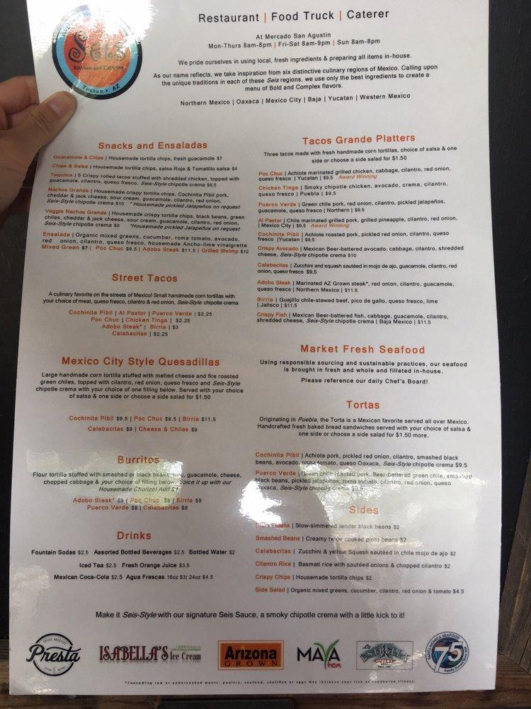 Menu at Seis Kitchen pub & bar, Tucson, 130 South Avenida del Convento #100