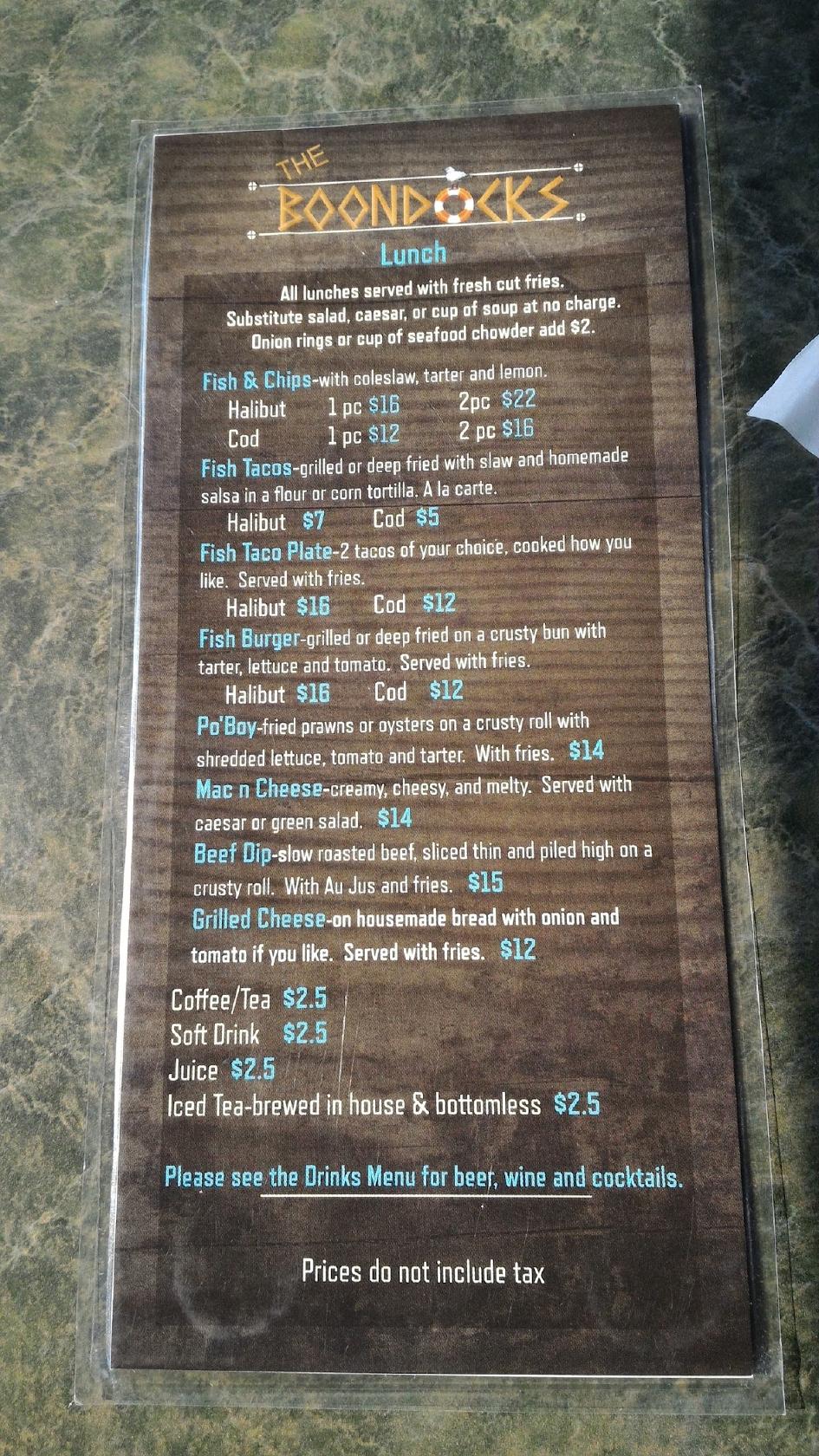 Menu at The Boondocks restaurant, Canada, Lakes Blvd