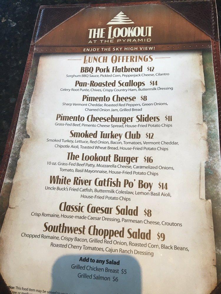Menu at The Lookout at the Pyramid pub & bar, Memphis