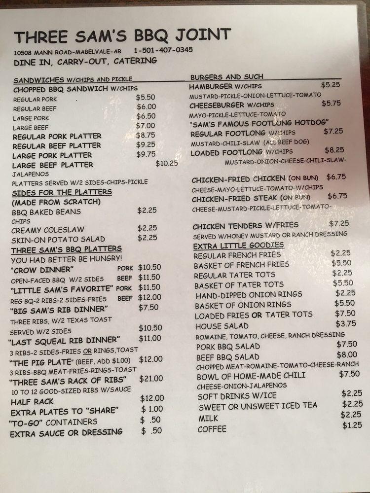 Menu at Three Sam's Barbeque Joint, Little Rock