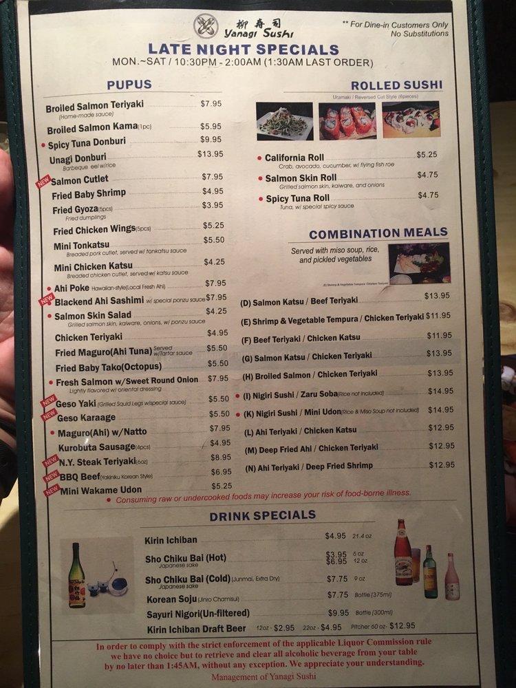 Menu at Yanagi Sushi restaurant, Honolulu