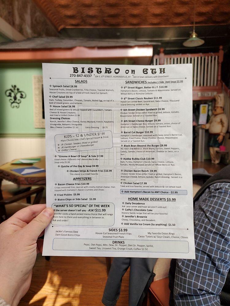Menu at bistro on 6th restaurant, Hopkinsville