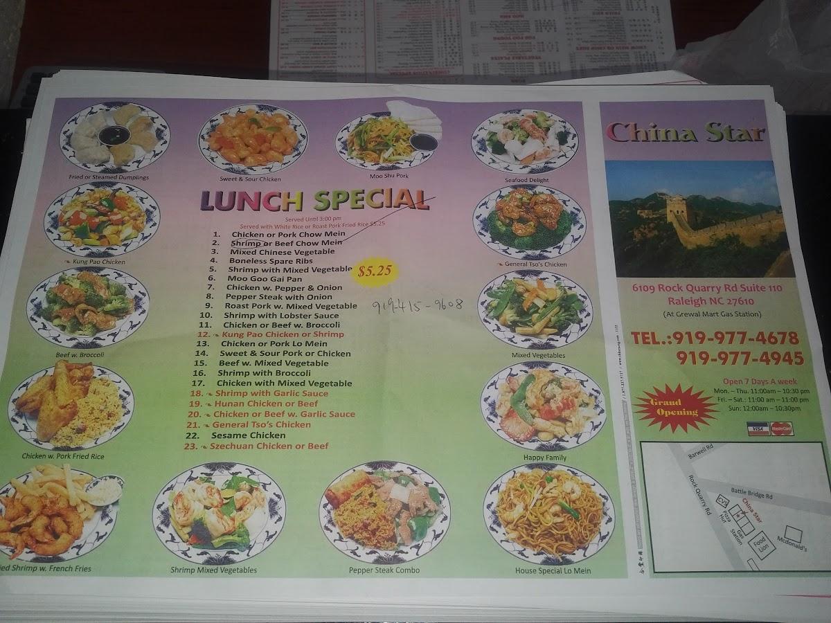 Menu at China Star restaurant, Raleigh, Rock Quarry Rd