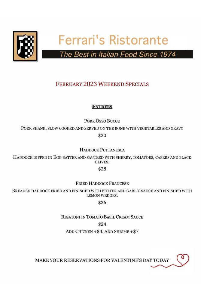 Menu at Ferrari's Ristorante restaurant, Schenectady