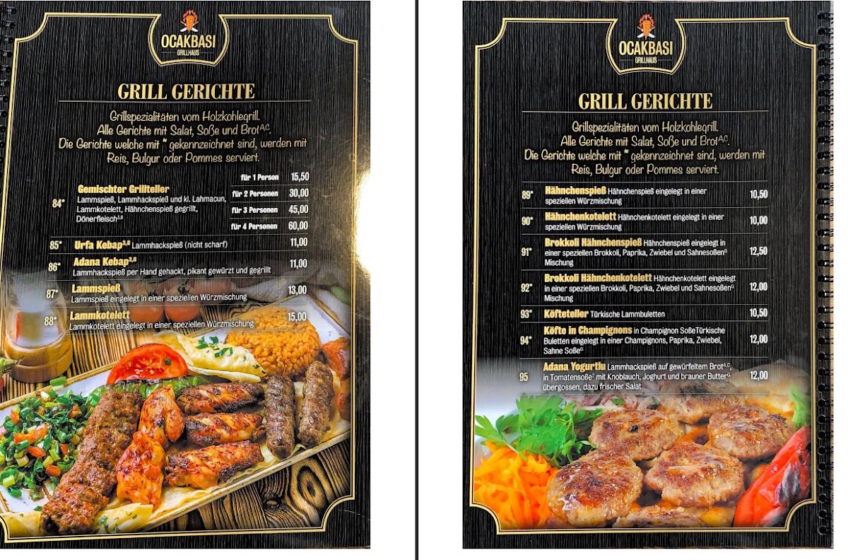 Menu at Ocakbasi Grillhaus restaurant, Salzgitter