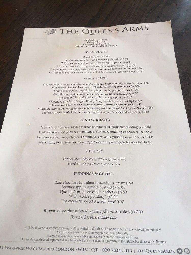 Menu at The Queens Arms pub & bar, London, 11 Warwick Way