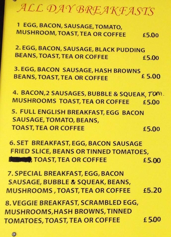 Menu at Smileys Cafe, Worthing