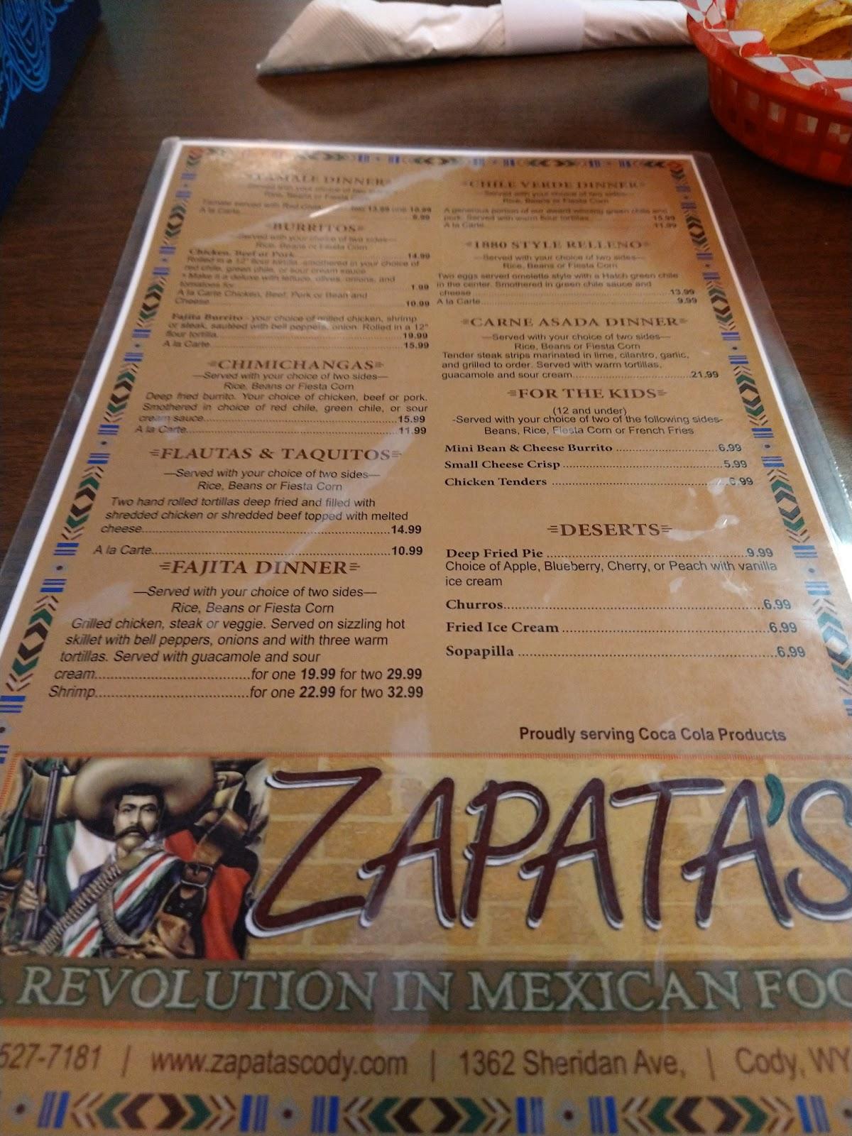Menu at Zapata's restaurant, Cody, Sheridan Ave
