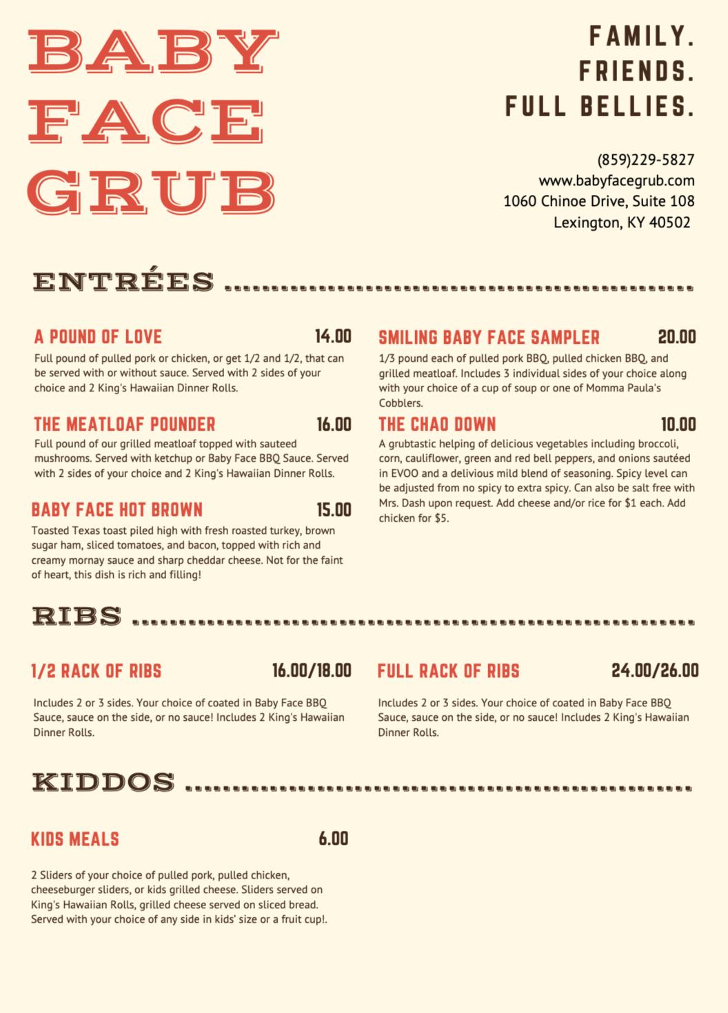 Menu at Baby Face Grub BBQ, Lexington