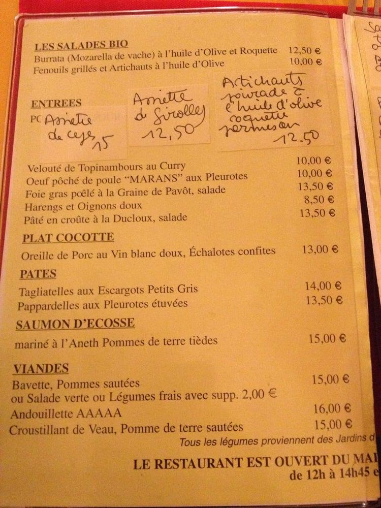 Menu au Chez Georgette restaurant, Paris