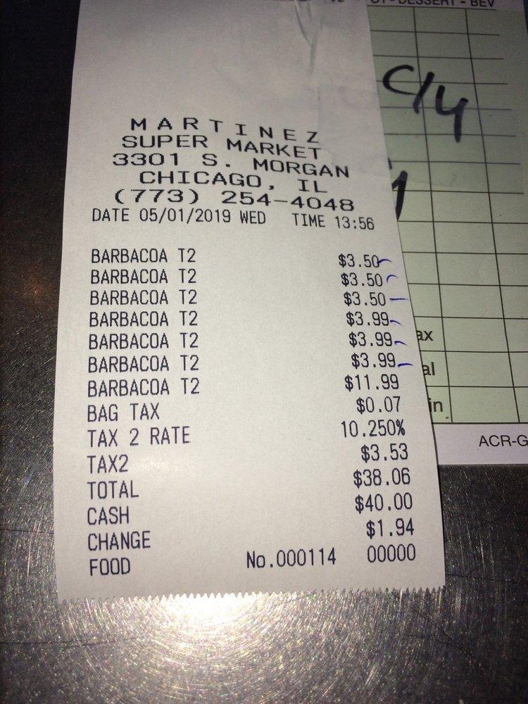 Menu at Martinez Supermarket restaurant, Chicago