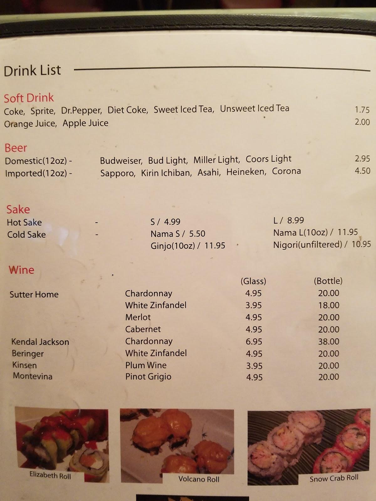 Menu at Midori restaurant, Nashville