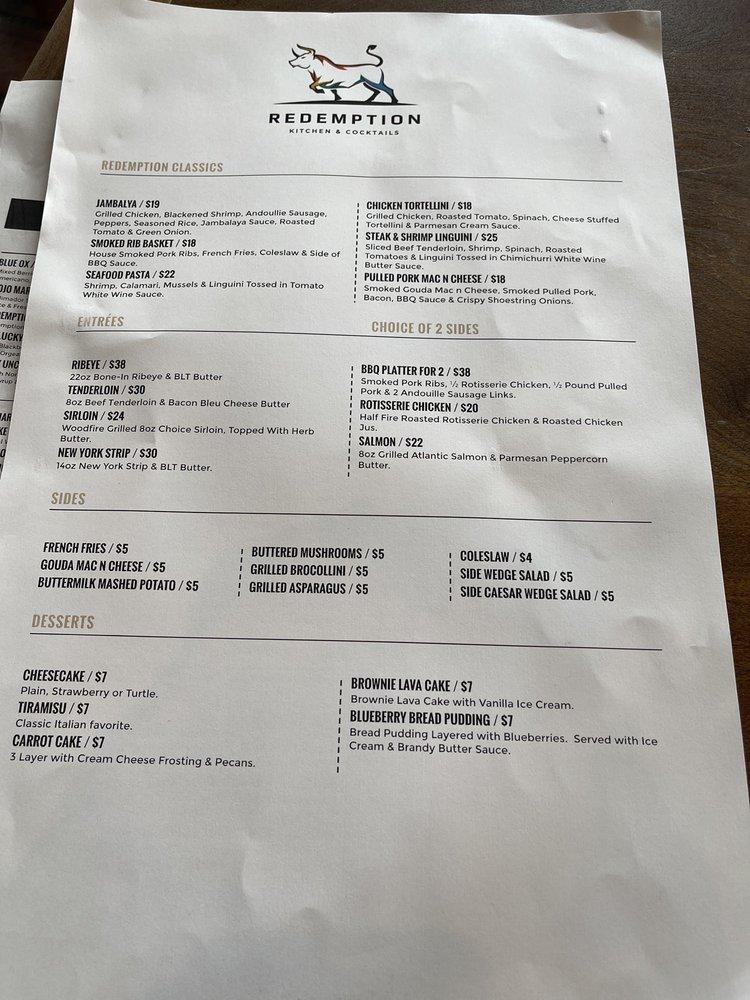 Menu at Redemption Restaurant, Faribault