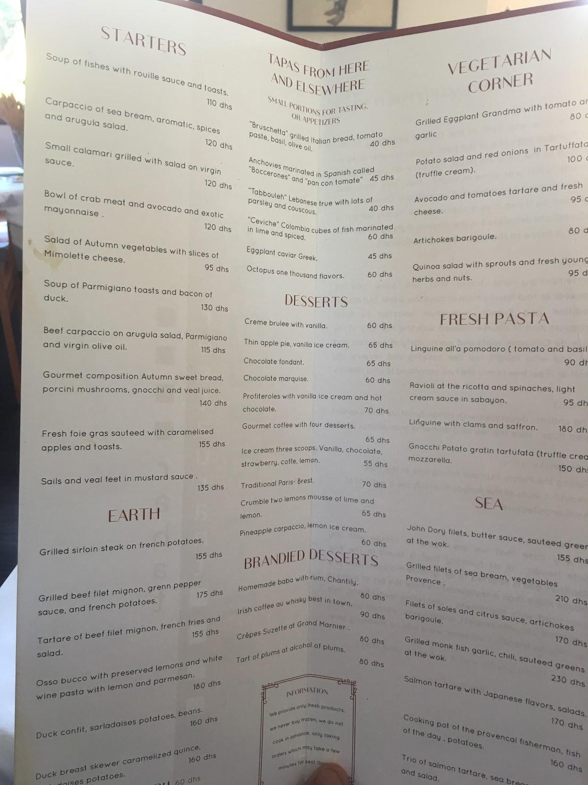 Menu au Restaurant Cosmopolitan, Rabat