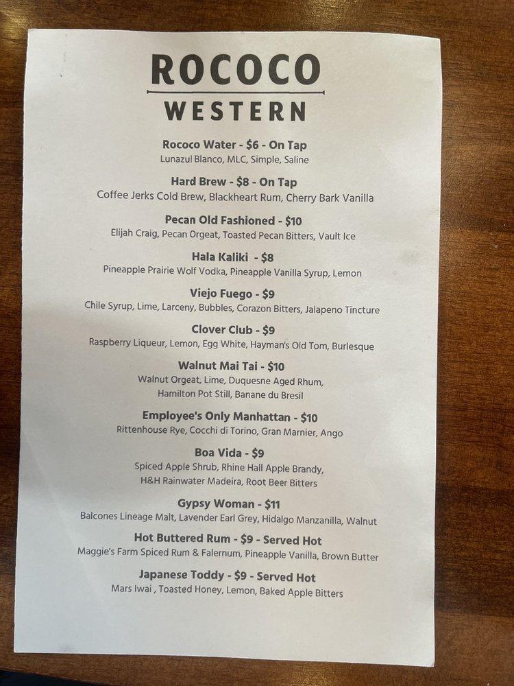 Menu at Rococo on Western restaurant, Oklahoma City, N Western Ave