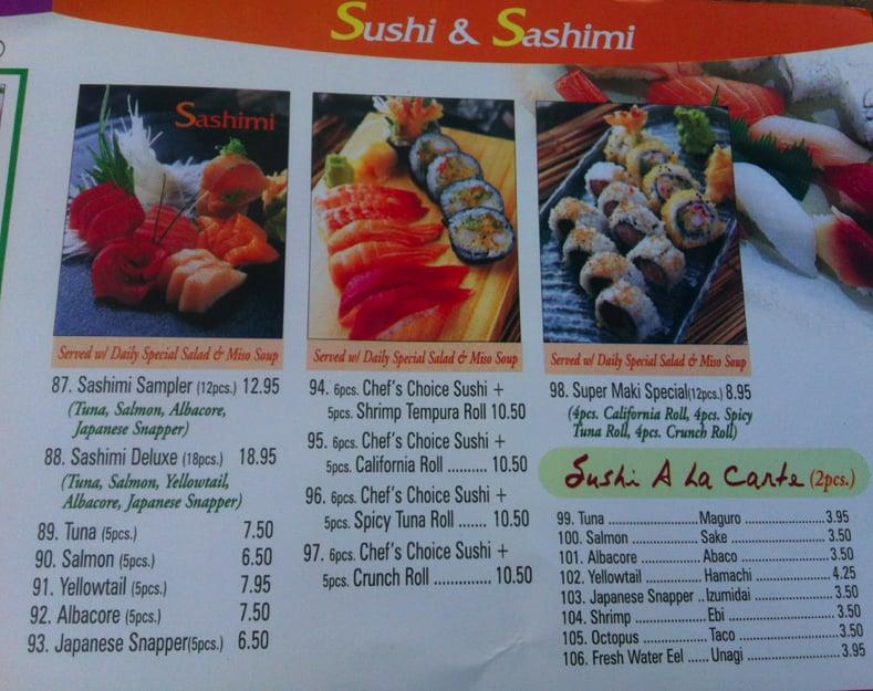 Menu at Samurai Sushi restaurant, Downey