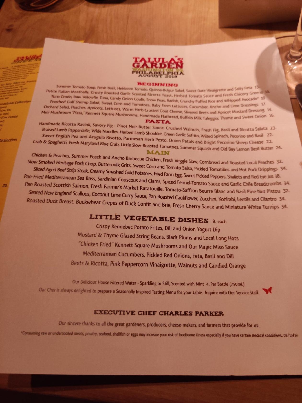 Menu at Talula's Garden restaurant, Philadelphia