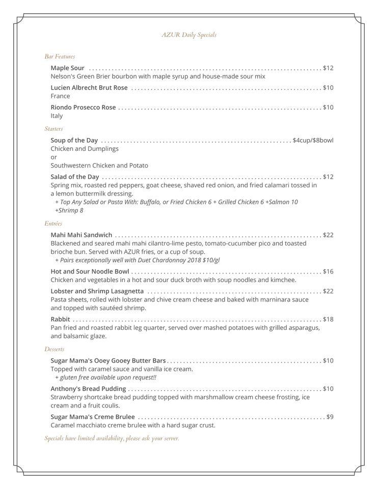 Menu at Azur Restaurant and Patio, Lexington
