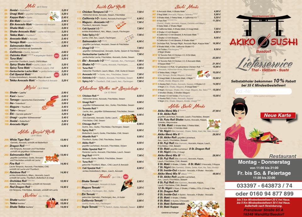 Speisekarte von Akiko-Sushi/Basdorf restaurant, Wandlitz