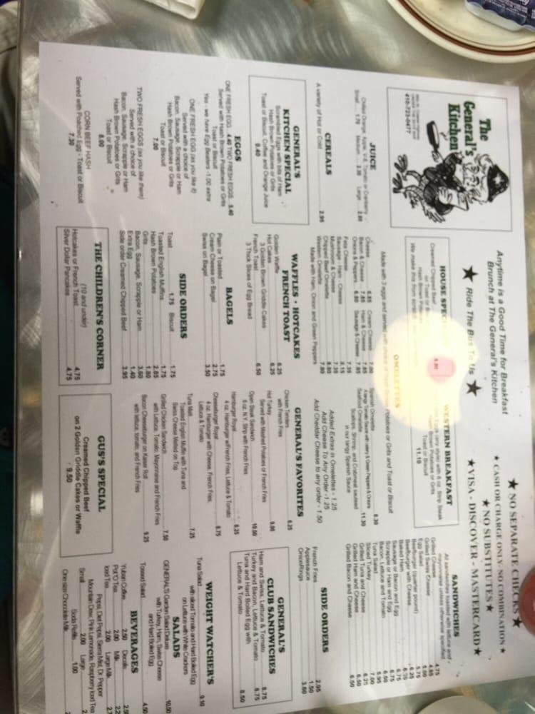 Menu at General's Kitchen restaurant, Ocean City
