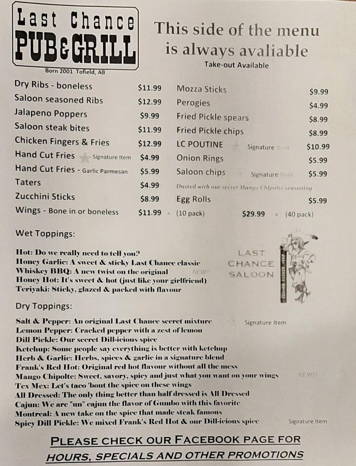 Menu at Last Chance Pub and Grill, Tofield