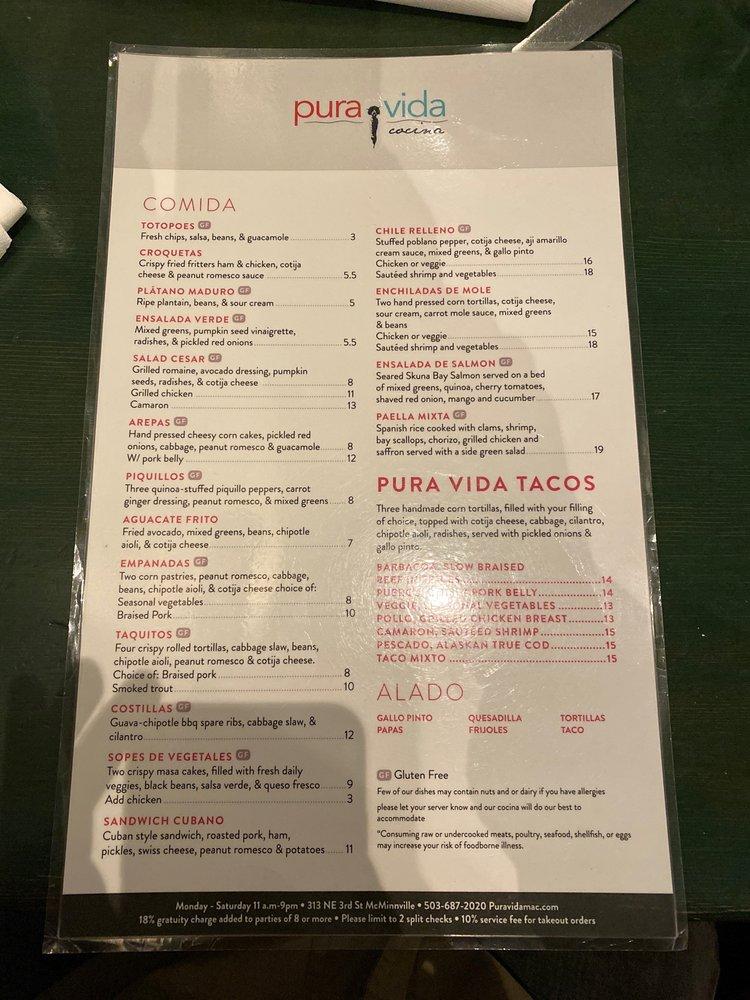 Menu at Pura Vida Cocina restaurant, McMinnville
