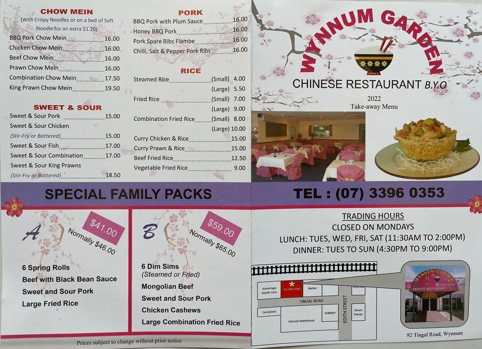Menu at Wynnum Garden Chinese Restaurant, Wynnum, 92 Tingal Rd