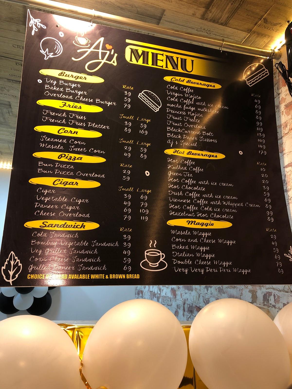 Menu at A.J’s Café, Rajgangpur