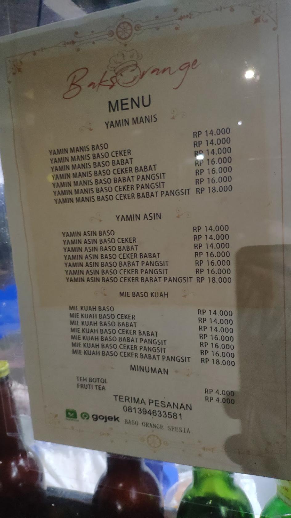 Menu at BASO ORANGE restaurant, Padalarang