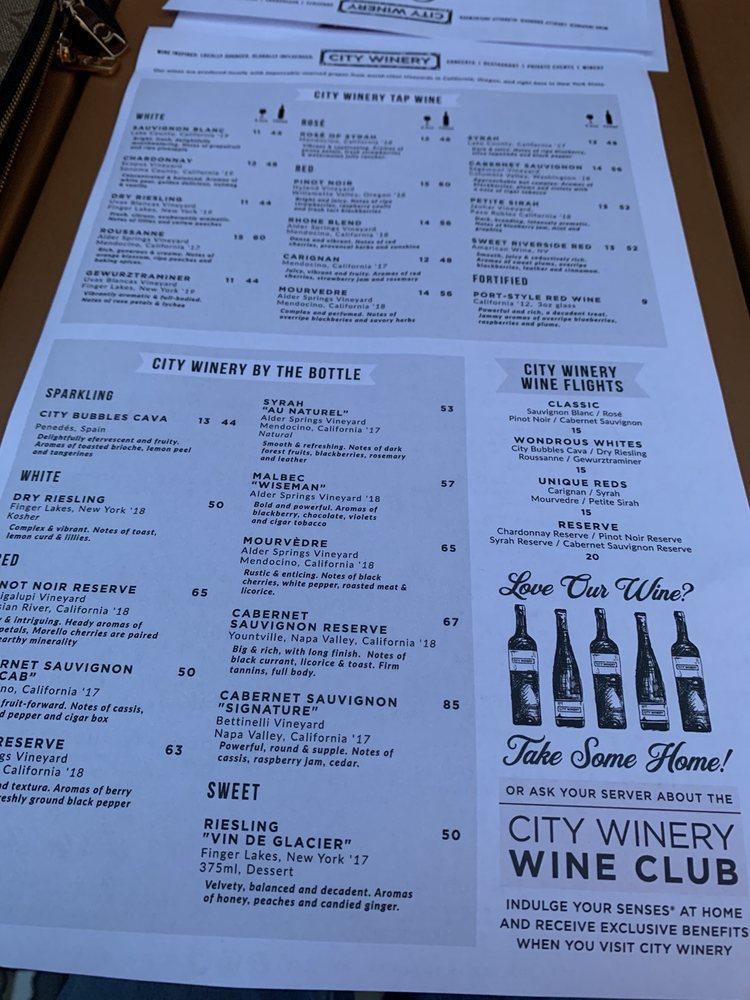 Menu at City Winery Hudson Valley pizzeria, Montgomery