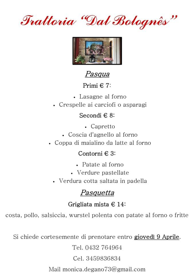 Menu at Trattoria Dal Bolognes restaurant, Villacaccia
