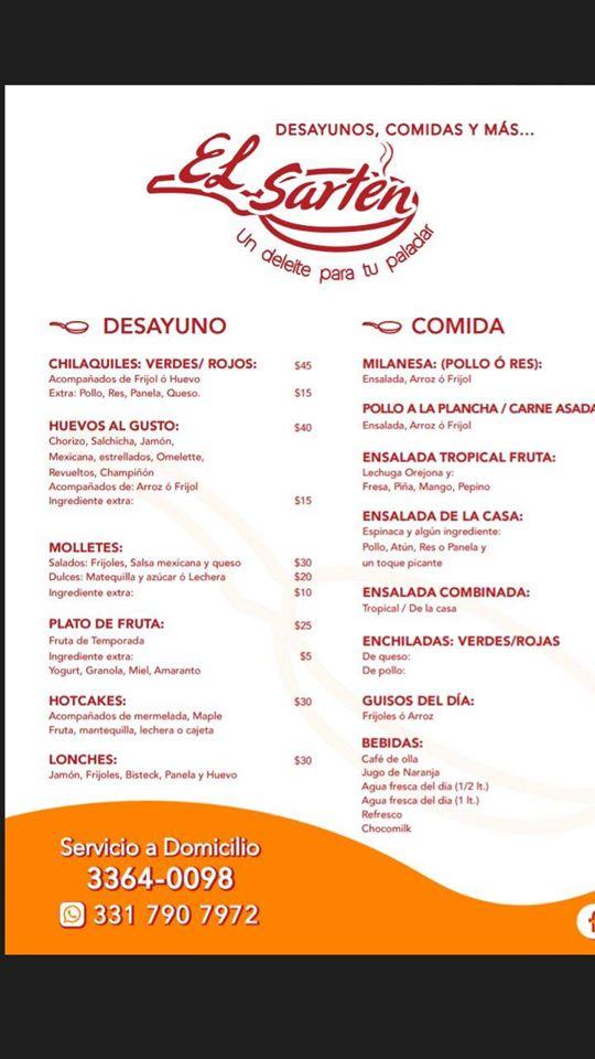 Menu at El Sartén restaurant, Zapopan