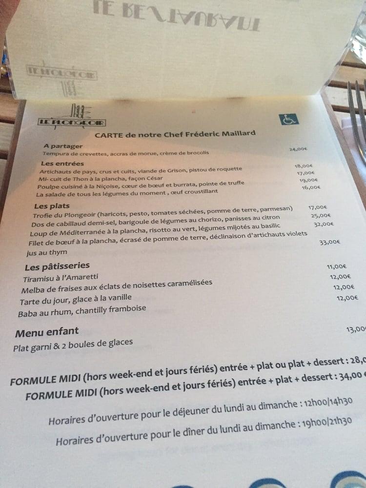Menu au Le Plongeoir restaurant, Nice