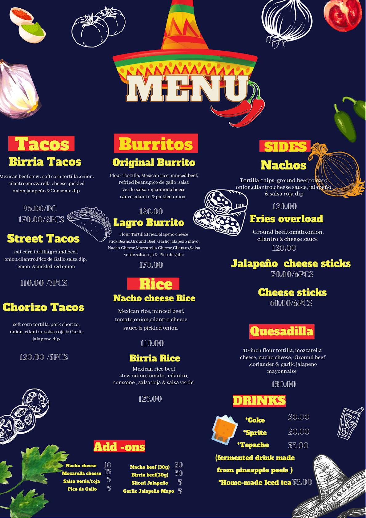 Menu at Muchacho Taco, Quezon City