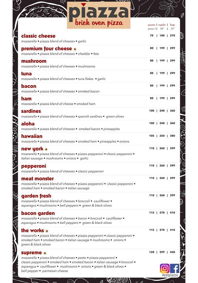Menu at Piazza restaurant, Pasig