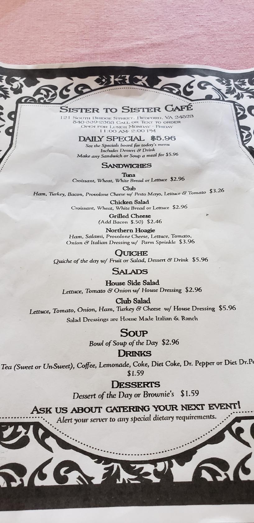 Menu at Sister to Sister Custom Catering & Cafe', Bedford