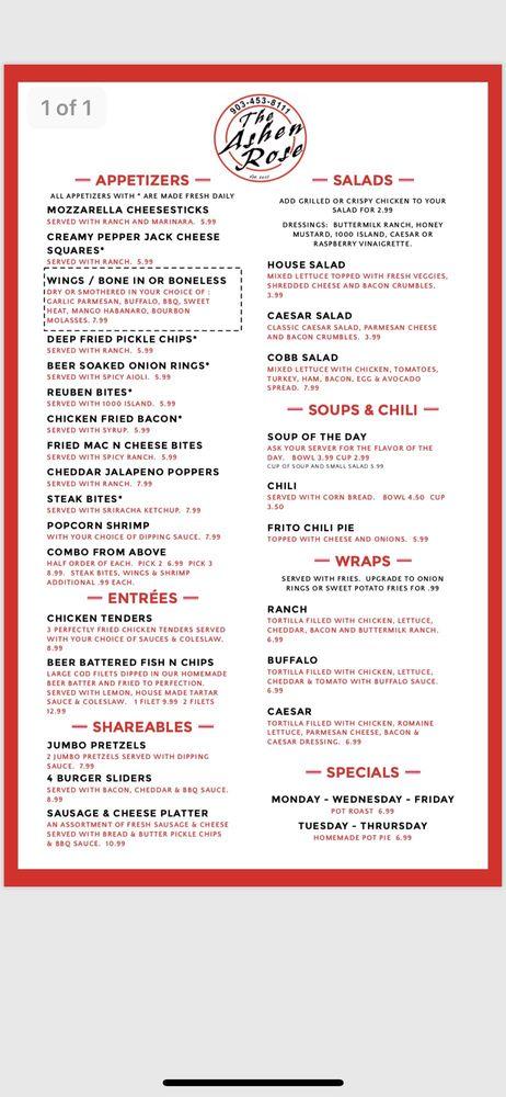Menu at The Ashen Rose pub & bar, Greenville