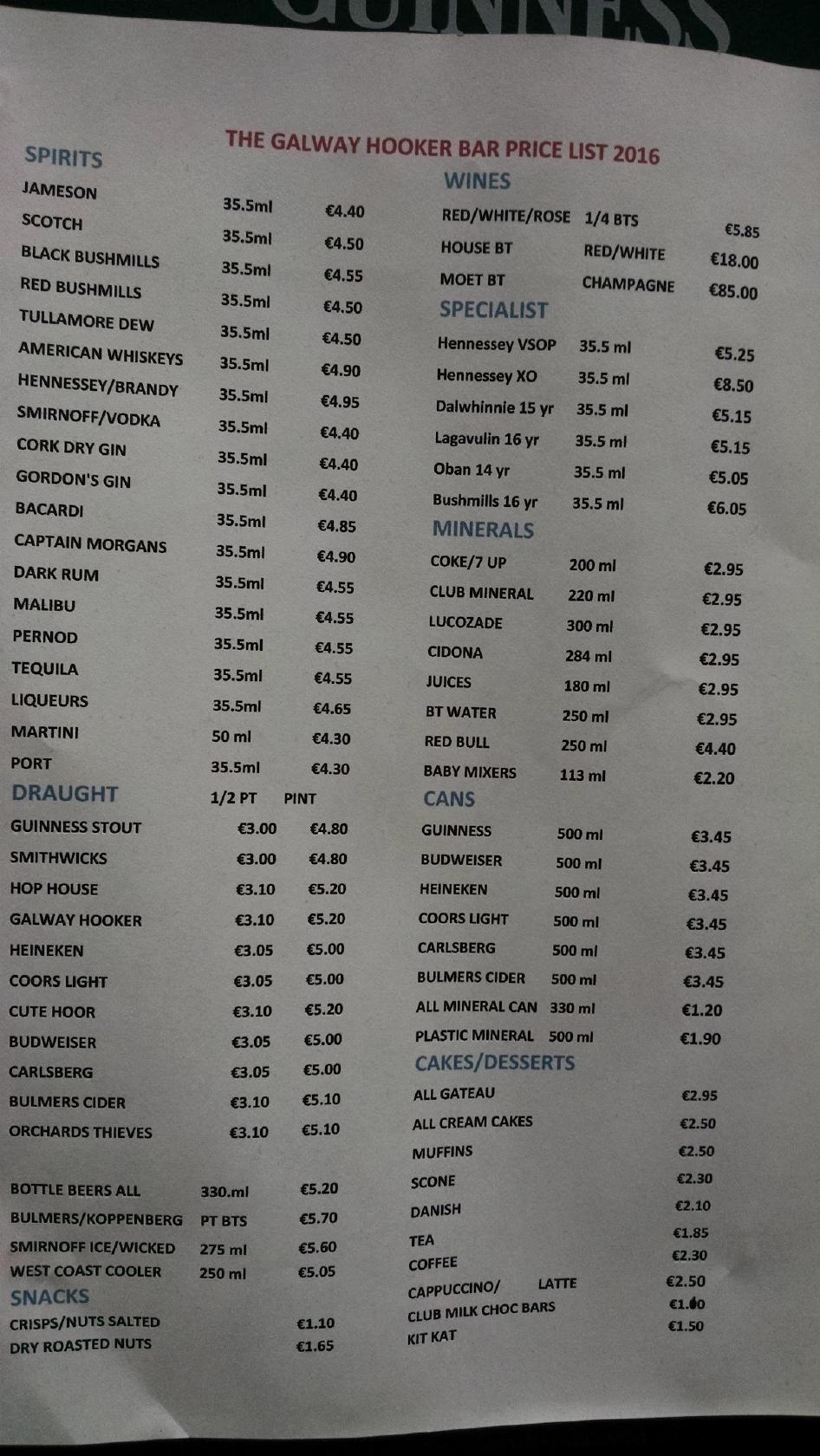 Menu at The Galway Hooker Bar, Dublin