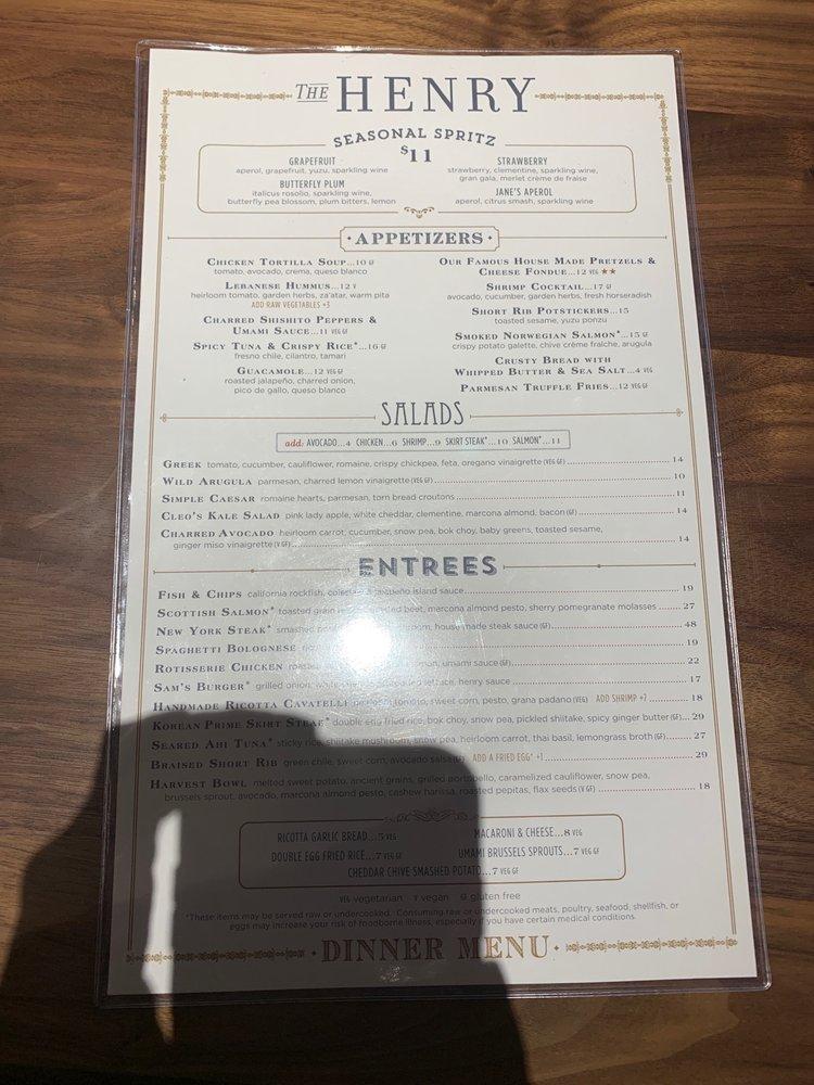 Menu at The Henry restaurant, Coronado
