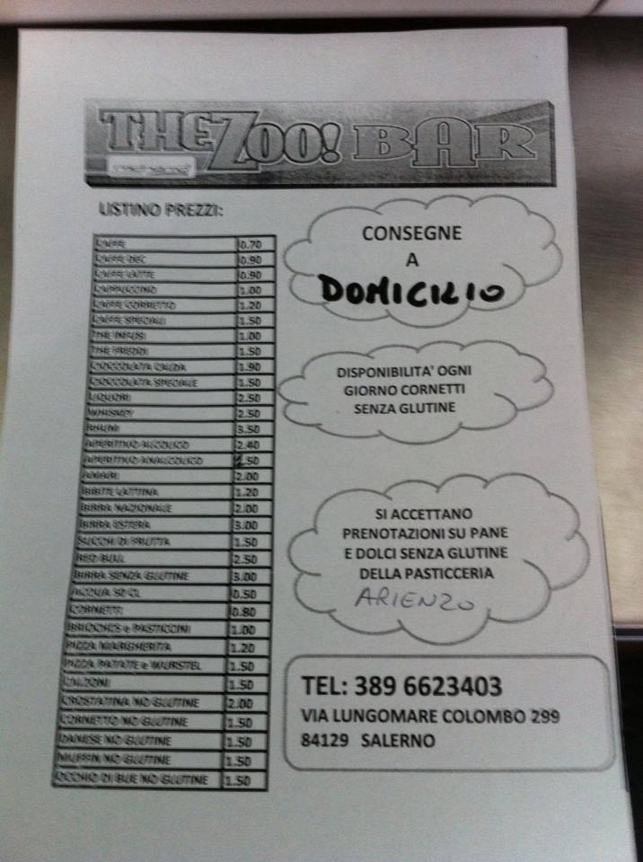 Menu at The zoo bar, Salerno