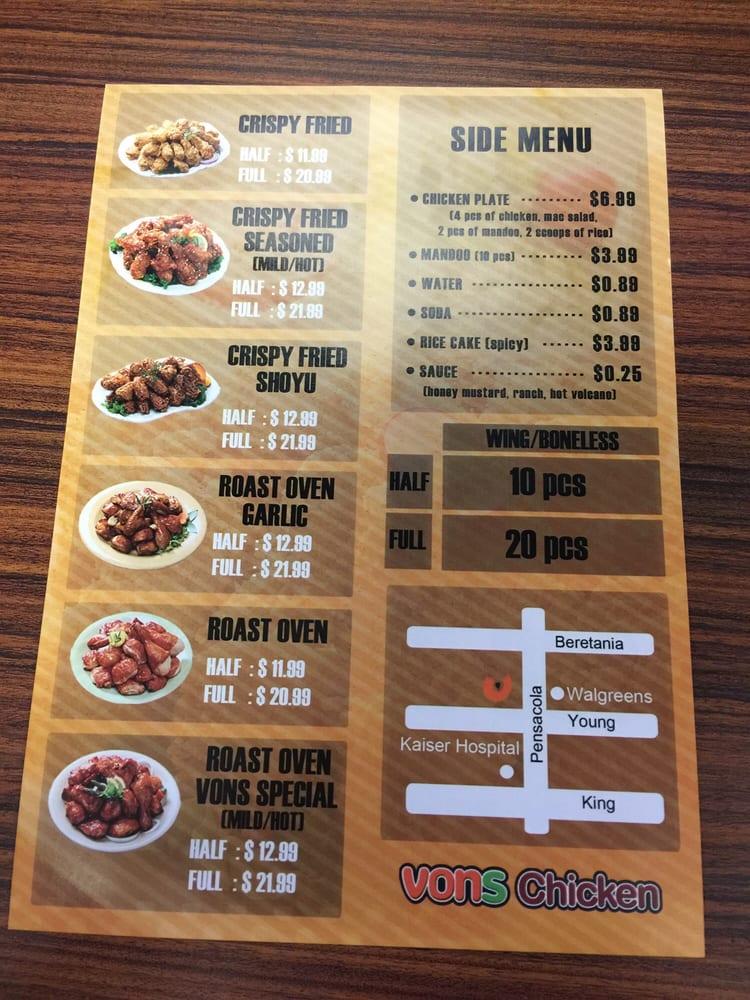 Menu at Vons Chicken restaurant, Honolulu, Pensacola St