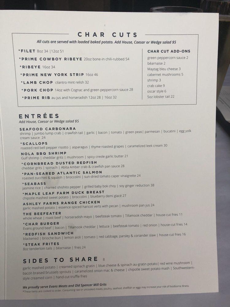 Menu at Char Restaurant, Nashville